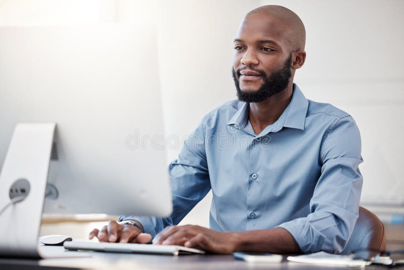 Computer, Typing and Black Man in Office for Research with Corporate ...