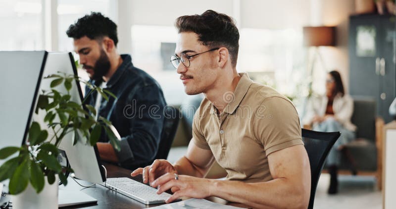 Computer Typing And Web Development With Man Programmer In Creative Workplace For Coding Or