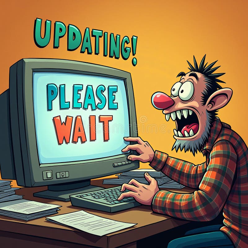 Computer Update Cartoon Sign Updating Please Wait Identity Security ...