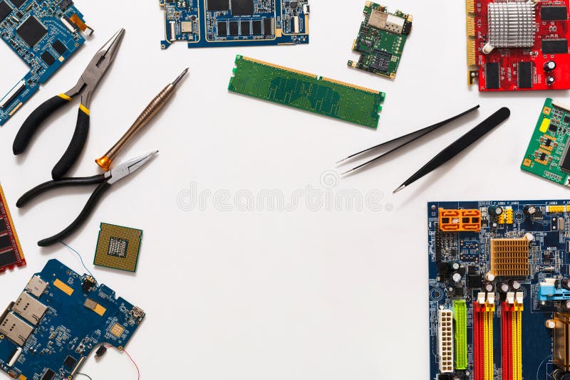 Computer Upgrade. Motherboard and Tools Flat Lay Stock Image - Image of ...