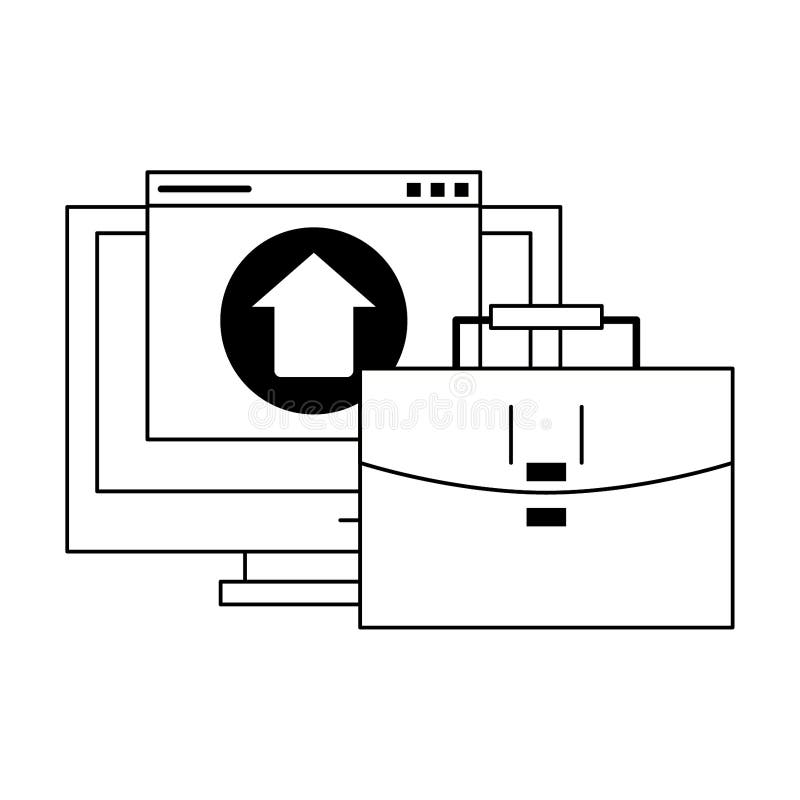 Computer with Upload Sign and Briefcase in Black and White Stock Vector ...