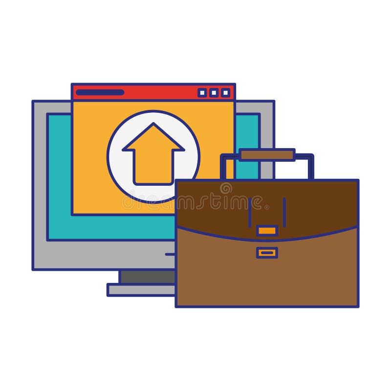 Computer with Upload Sign and Briefcase Stock Vector - Illustration of ...