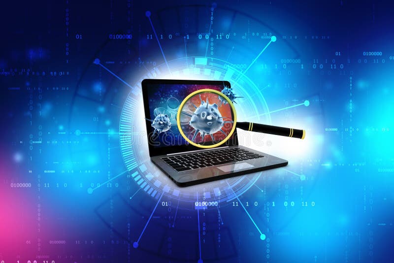 Virus Detection, Magnifying Glass Scanning Virus with Computer. 3d ...