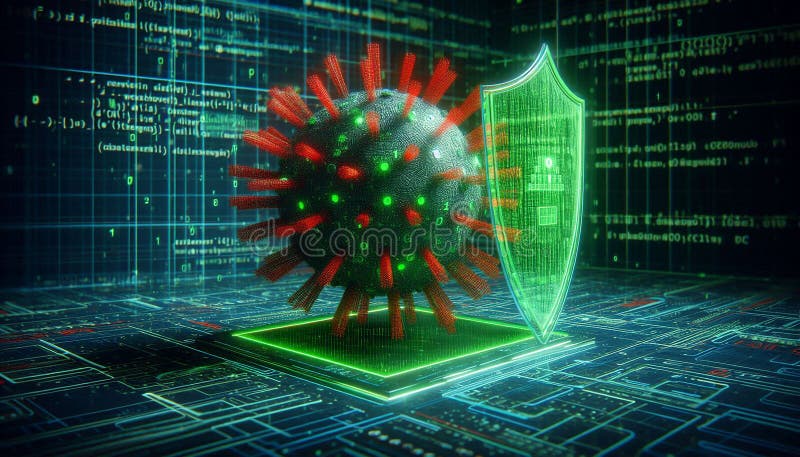 Computer Virus Illustration with Shield Protection Stock Illustration ...