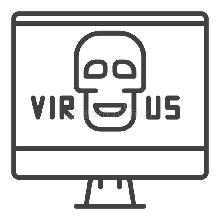 Computer with Virus Vector Skull on PC Screen Icon or Sign in Thin Line ...