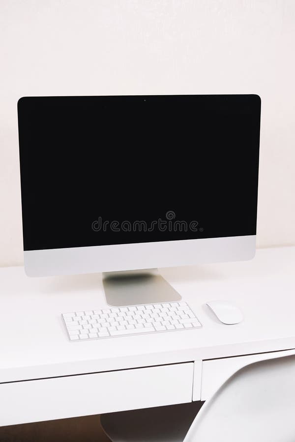 Computer on White Desktop, Office Space Stock Photo - Image of tree ...