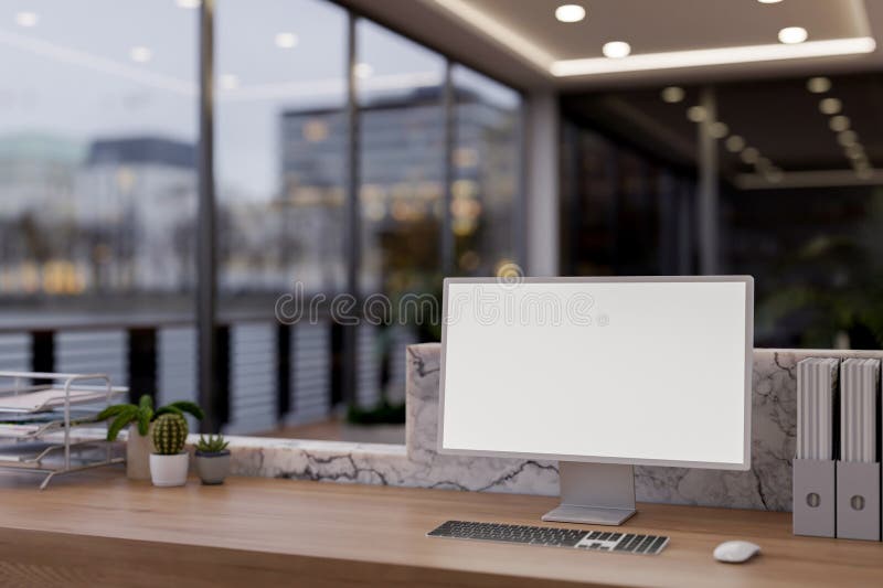 A Computer with a White Screen Mockup Sits on a Reception Counter in a ...