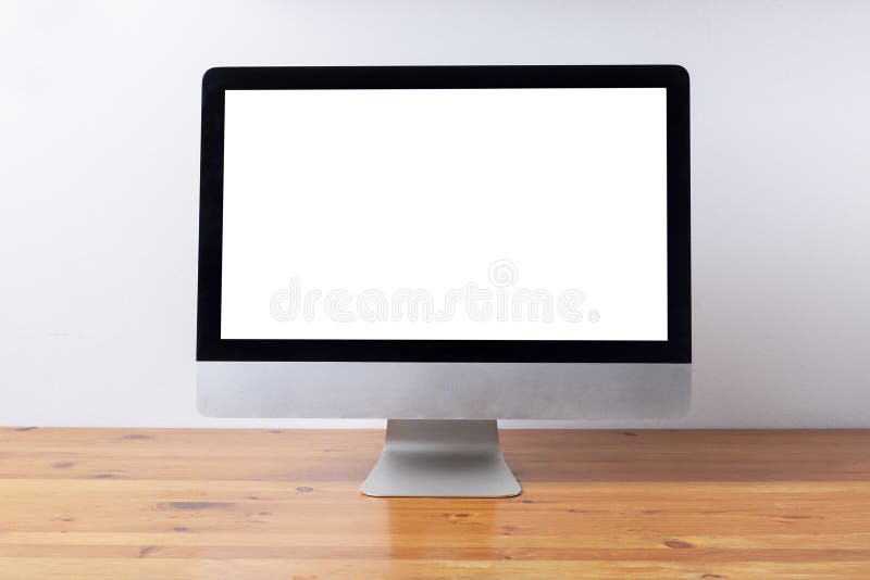 Computer White Screen on Table Wood Stock Image - Image of equipment ...
