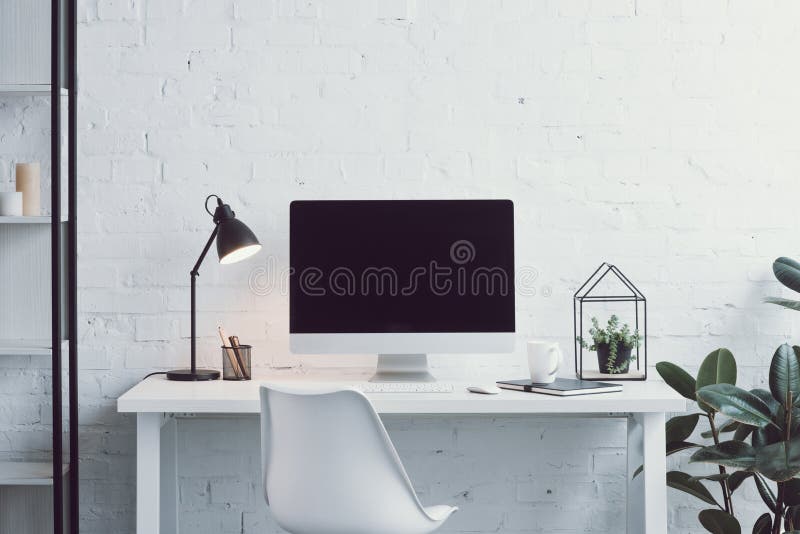 Computer, White Table, Chair and Plants in Modern Workplace Stock Image ...