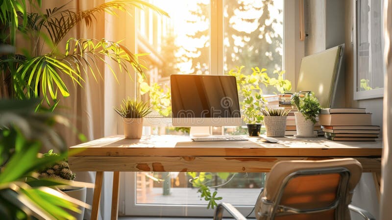 Computer on Window Table with Lush Garden View, AI Generated Stock ...