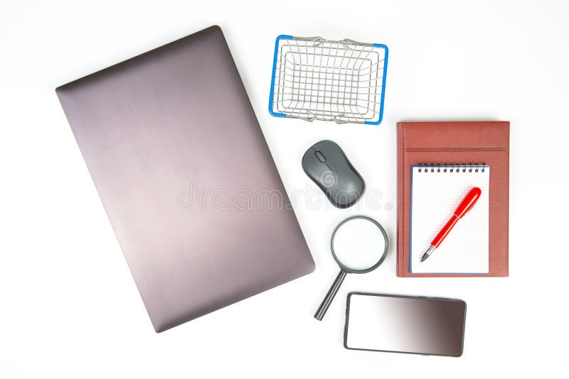 Computer Wireless Mouse, Magnifying Glass, Smartphone, Pen and Notepad ...