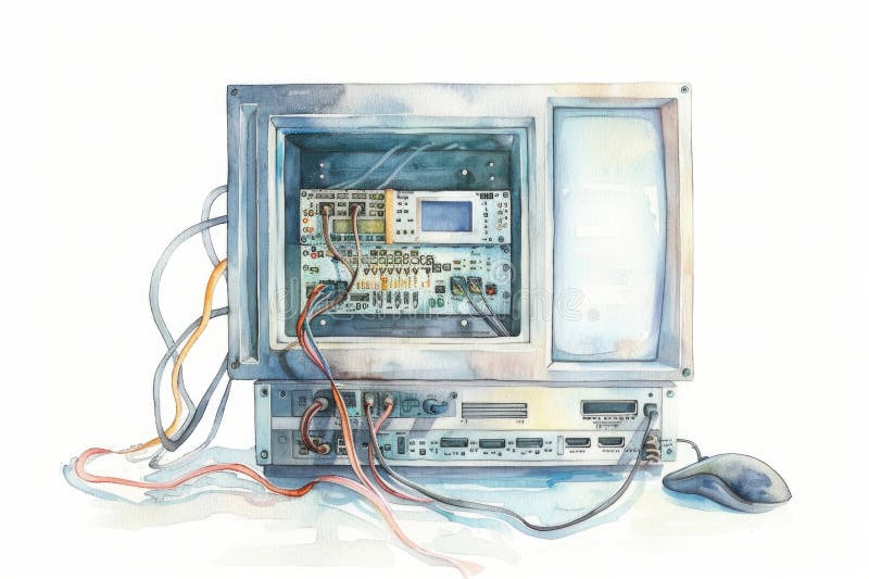 A Computer with Wires and a Mouse on the Desk, Suitable for Office or ...