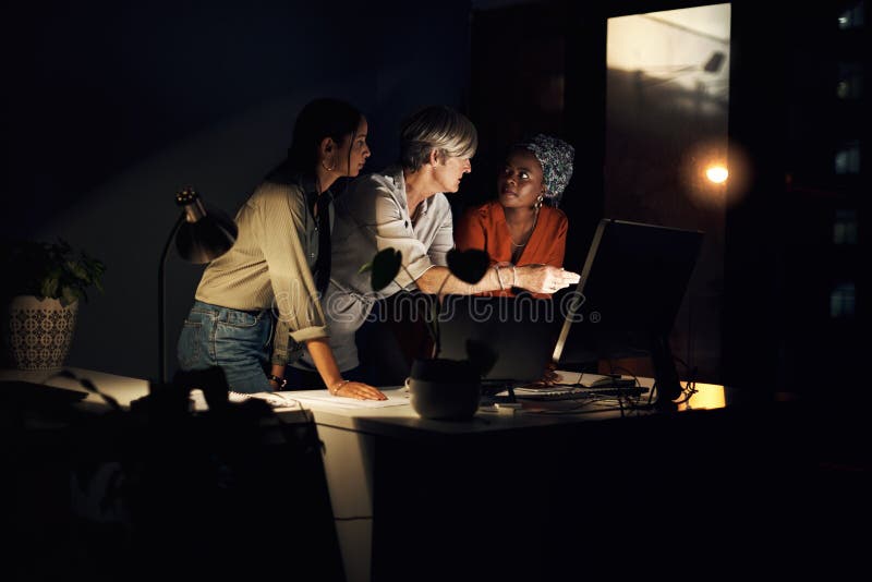 Computer, Women and Discussion at Night for Business, Project and ...