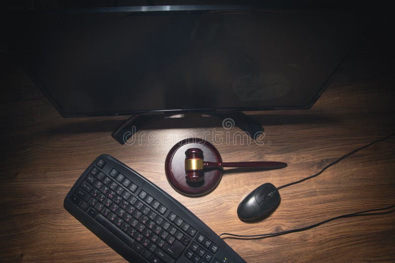 Computer with a Wooden Judge Gavel Stock Photo - Image of service ...