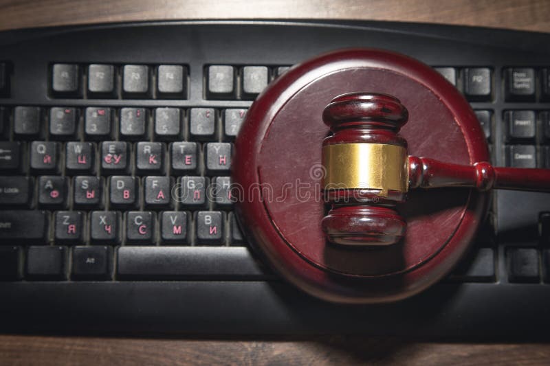 Computer with a Wooden Judge Gavel Stock Illustration - Illustration of ...
