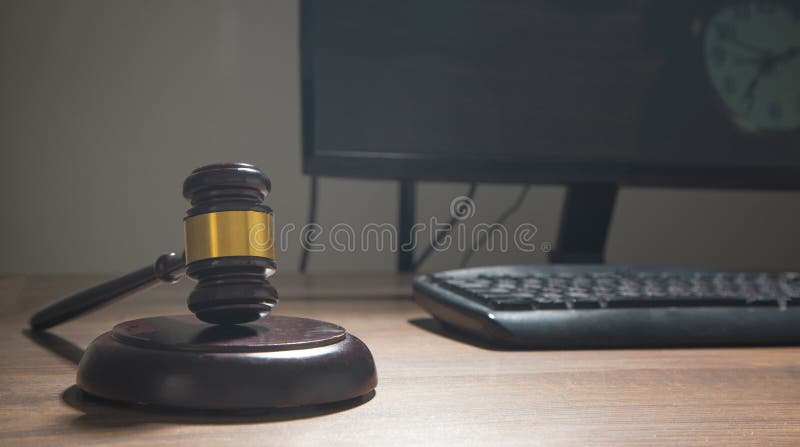 Computer with a Wooden Judge Gavel Stock Illustration - Illustration of ...