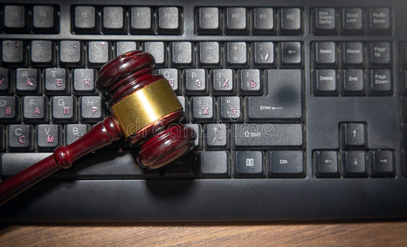 Computer with a Wooden Judge Gavel Stock Photo - Image of courtroom ...