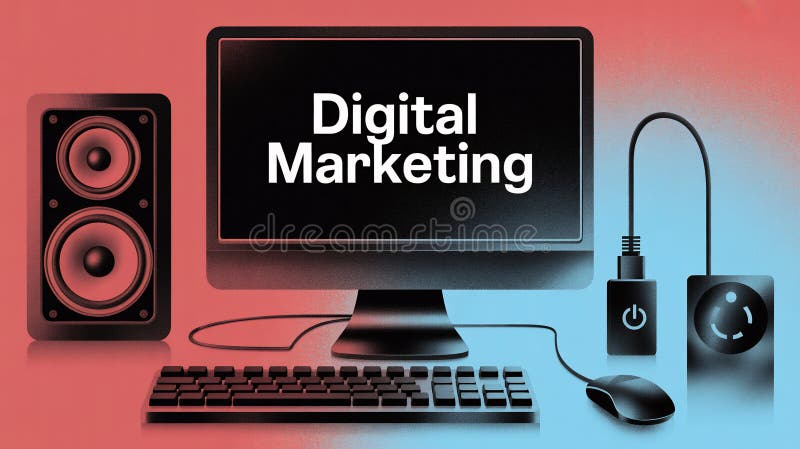 Digital Marketing Concept with Computer, Keyboard, Speaker and Mouse ...
