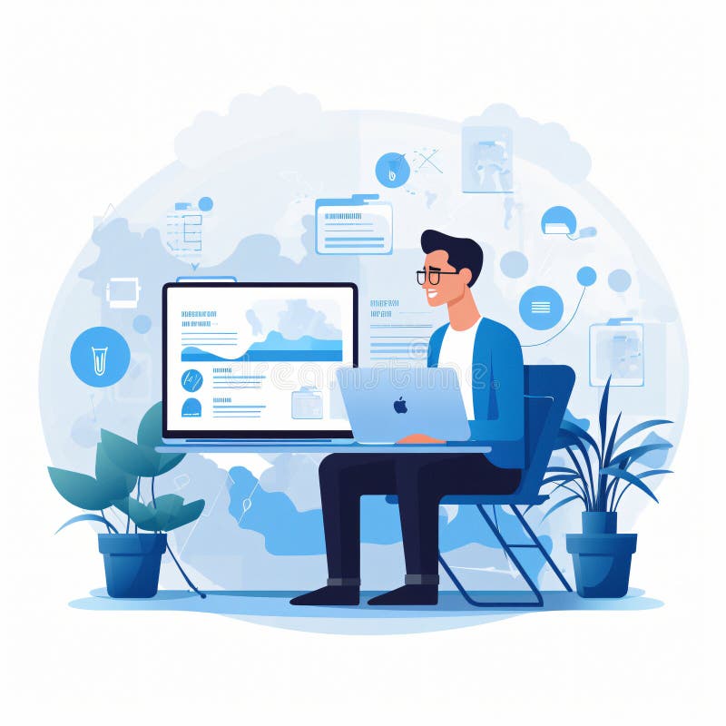 Computer Work Illustration, Collaborating Working, Using Pc, Modern ...