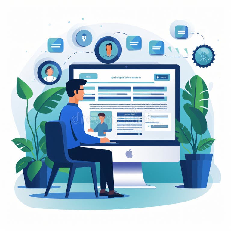 Computer Work Illustration, Collaborating Working, Using Pc, Modern ...