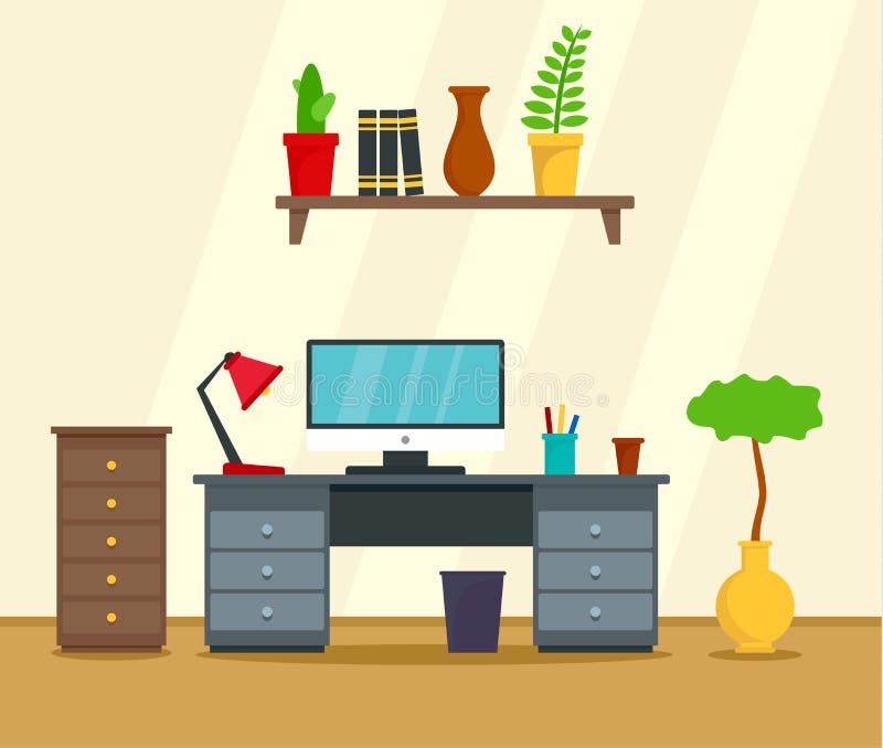 Computer Work Place Concept Background, Flat Style Stock Illustration ...