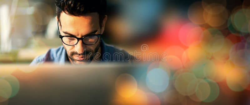 Computer, Working and Man with Digital Overlay or Bokeh for Information Technology, Software ...