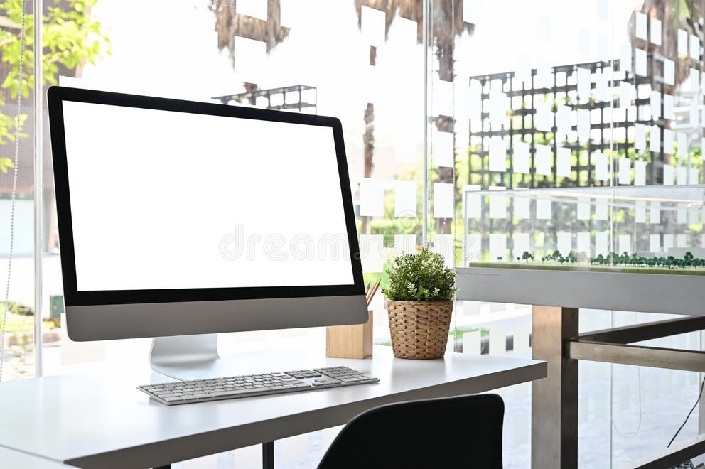 Computer on Working Table with Empty Monitor Screen Stock Photo - Image ...