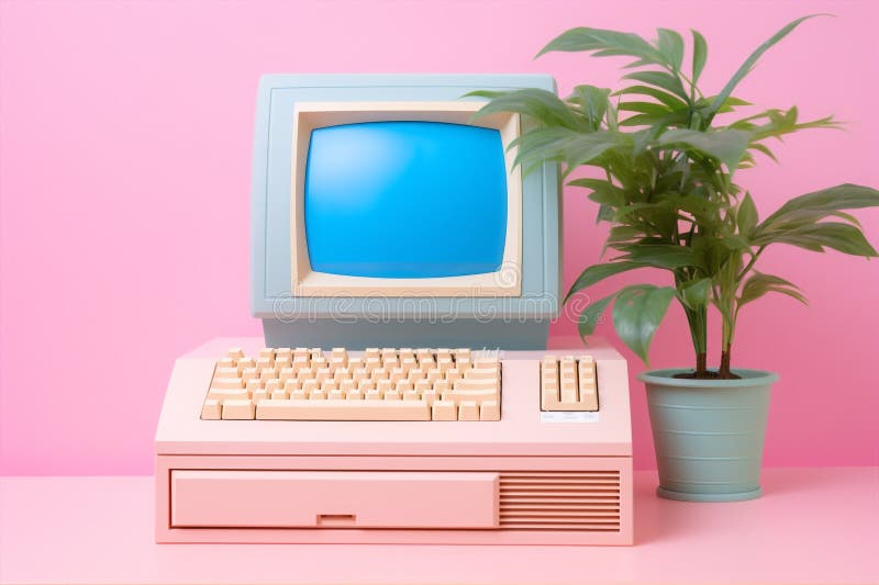 Computer Workplace Blue Technology Background Monitor Retro Office Pink ...