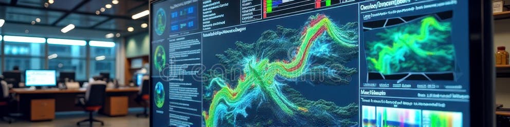 Computer Workspace with Colorful Data Visualization on Screen in Modern ...