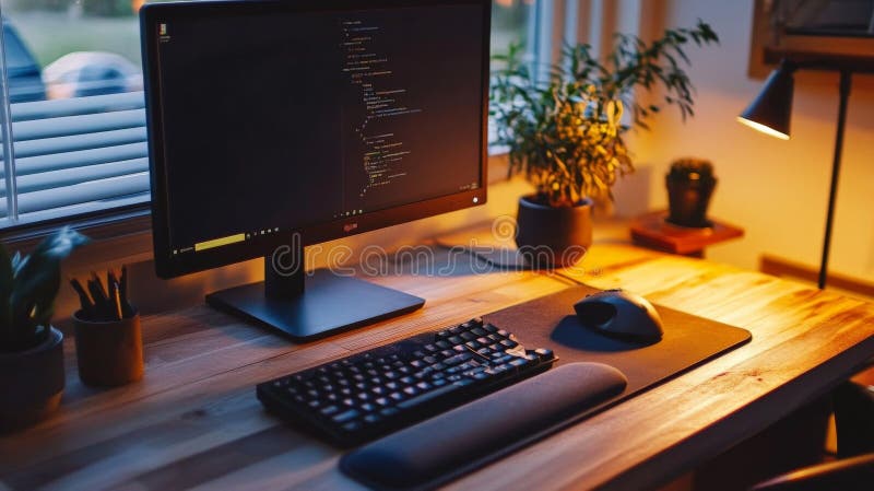 Computer Workstation with Desk Lamp and Plant Stock Illustration ...