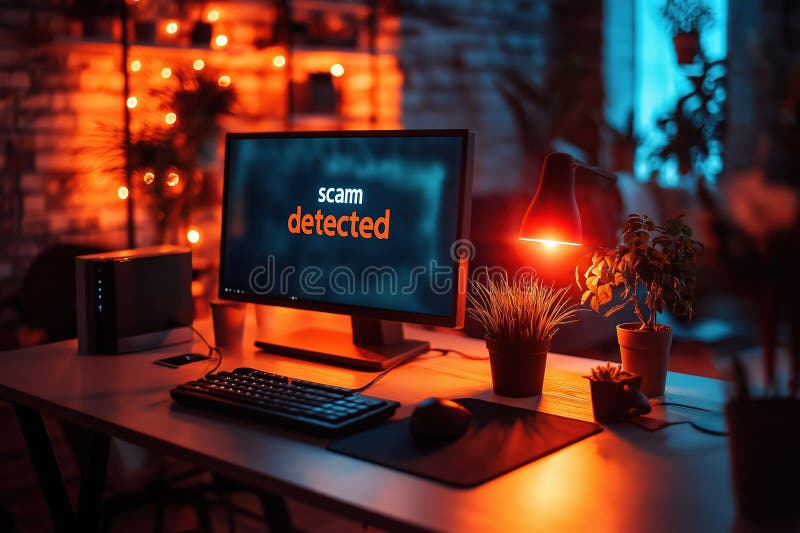 Computer Workstation Displaying Scam Detection Alert in a Dimly Lit ...