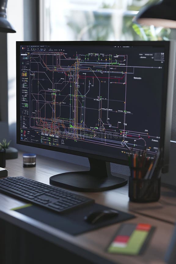 Computer Workstation Featuring a Complex CAD Layout of an Energy Grid ...