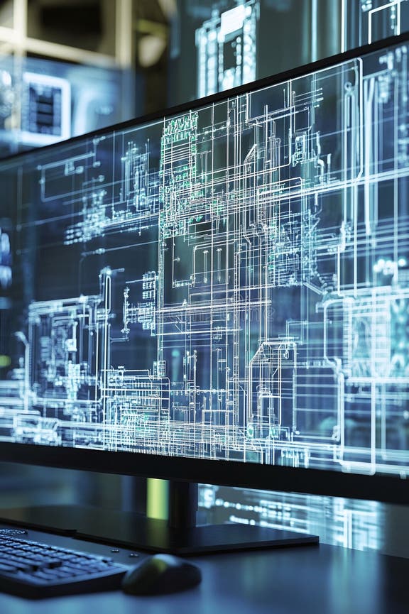 Computer Workstation Featuring a Complex CAD Layout of an Energy Grid ...