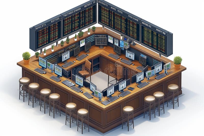 A Computer Workstation with a Large Number of Monitors and a Bar with ...