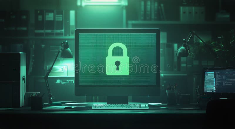 Computer Workstation with Security Lock Symbol Against Blue Abstract ...