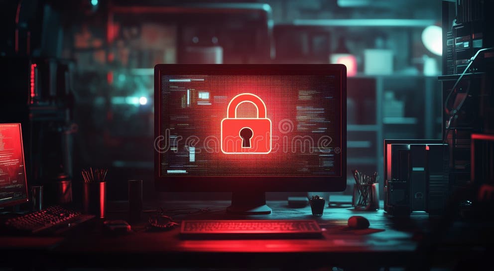 Computer Workstation with Security Lock Symbol Against Blue Abstract ...