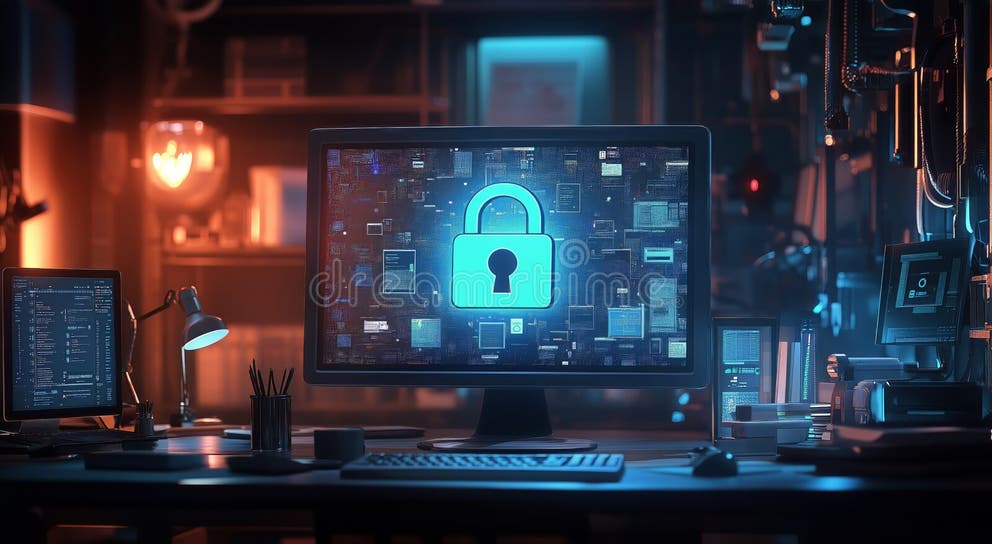 Computer Workstation with Security Lock Symbol Against Blue Abstract ...