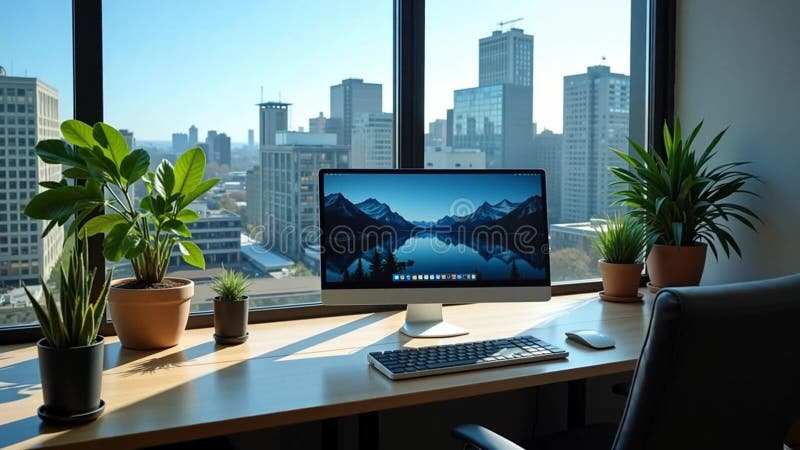 Modern Computer Workspace with City View and Natural Lighting Stock ...