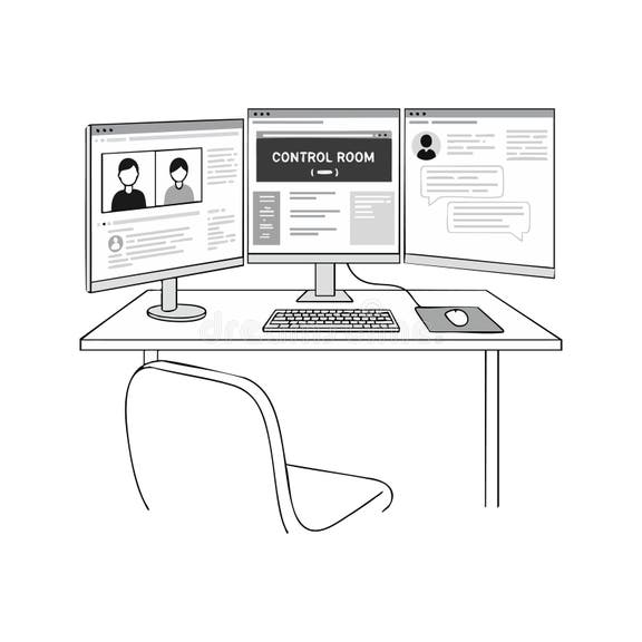 Computer Workstation with Three Monitors Showing Control Room and ...