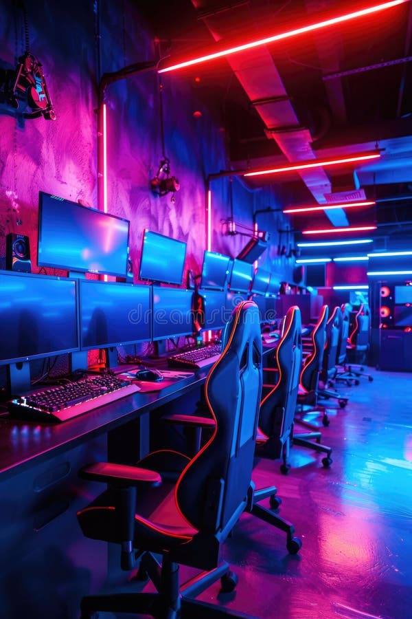 Computer Workstations with Neon Lights Stock Photo - Image of desks ...