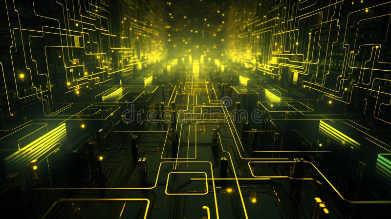 Computer Yellow Digital Abstract Background. Neural Network AI ...