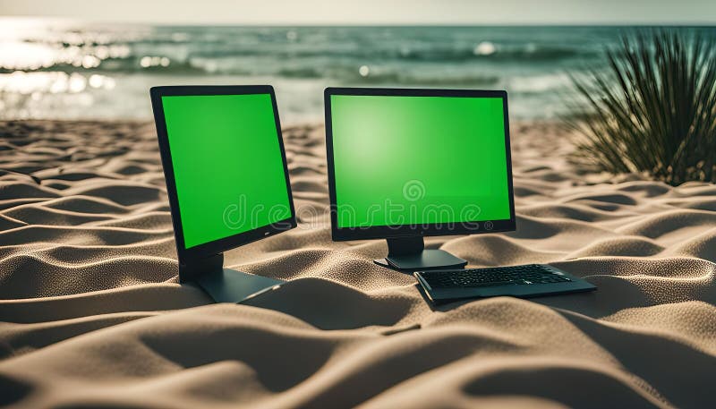Computers on the Beach at Sunset Stock Illustration - Illustration of ...