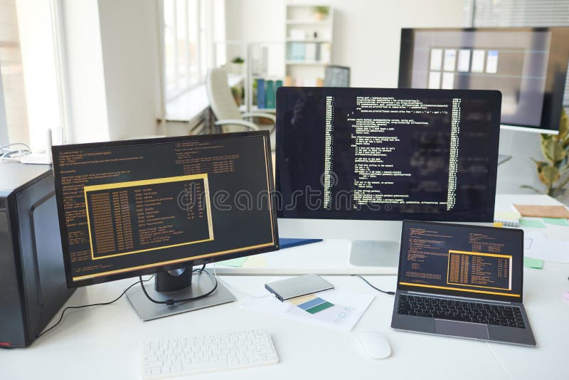 Computers with Code on Screen in it Programmers Office Stock Photo - Image of development ...