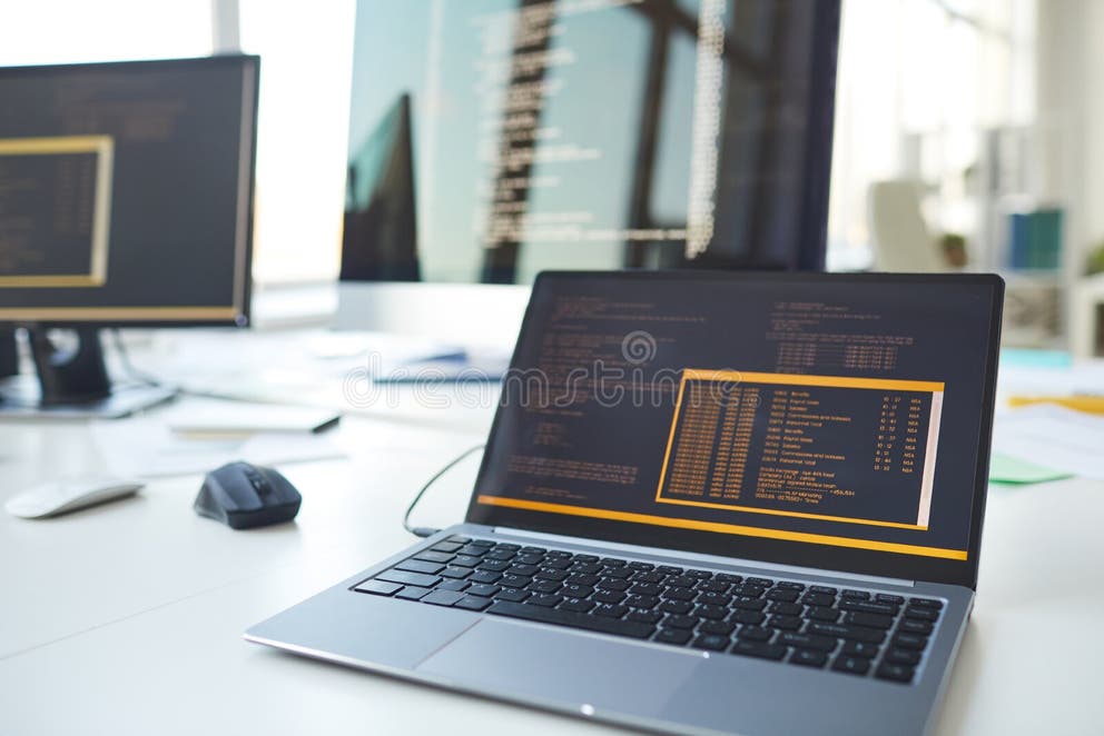 Computers with Code on Screen in it Programmers Office Stock Photo ...