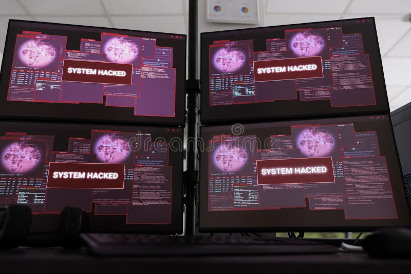 Computers Displaying Hacked System Alert Message Flashing on Monitor Stock Photo - Image of ...
