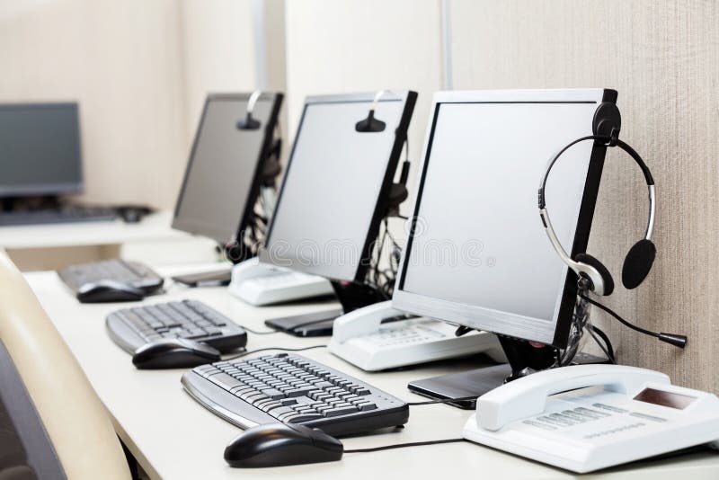 Computers with Headphones on Desk Stock Photo - Image of head, indoor ...