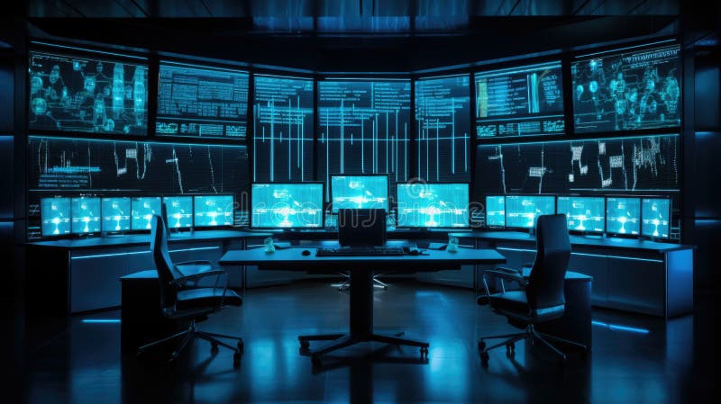 Computers in Monitoring Control Room with Digital Screens with Server ...