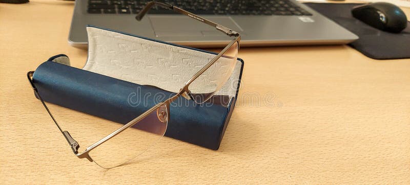 Computers. Office Desk with Laptop and Glasses in Case Stock Image ...