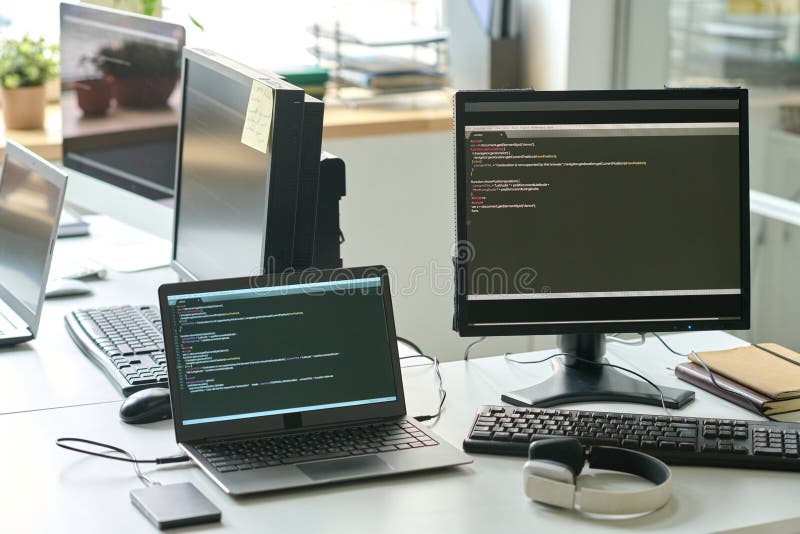 Computers with Software on Table Stock Image - Image of networking ...