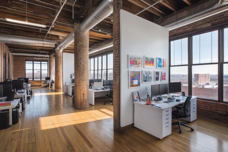 Computers on Tables, Panoramic Window, White Office Coworking Interior ...